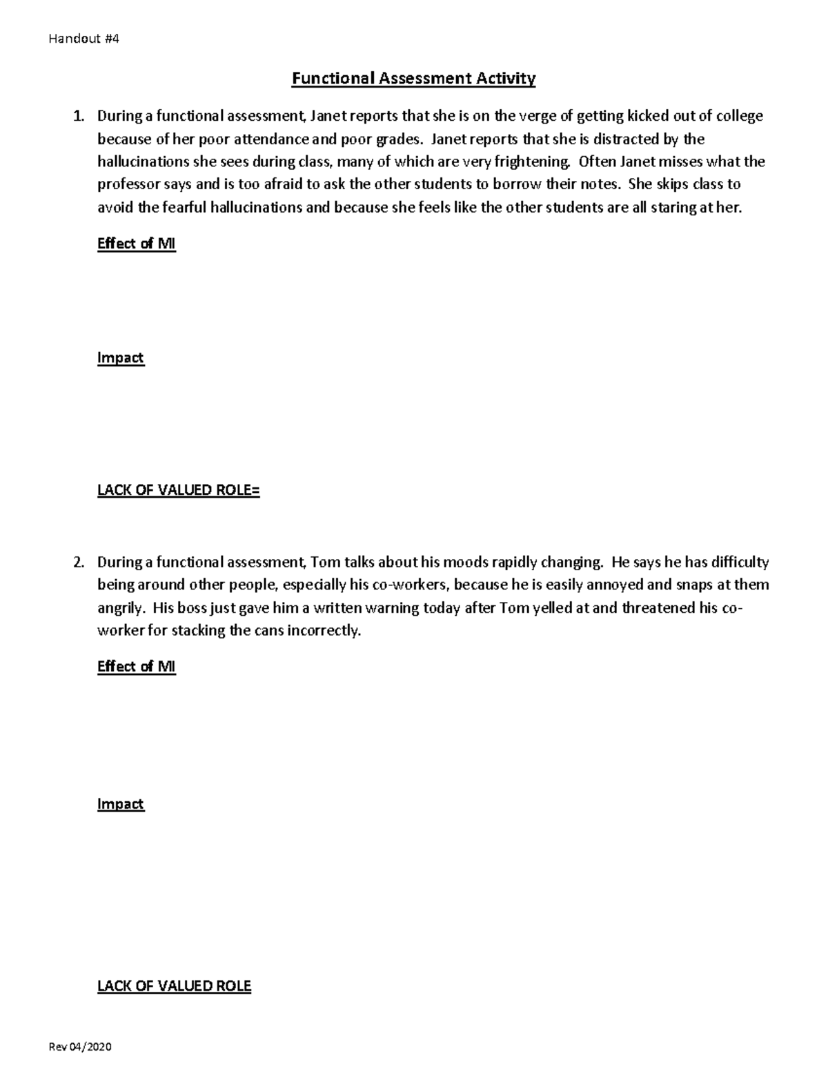 Functional Assessment Activity - Handout # Rev 04/ Functional ...