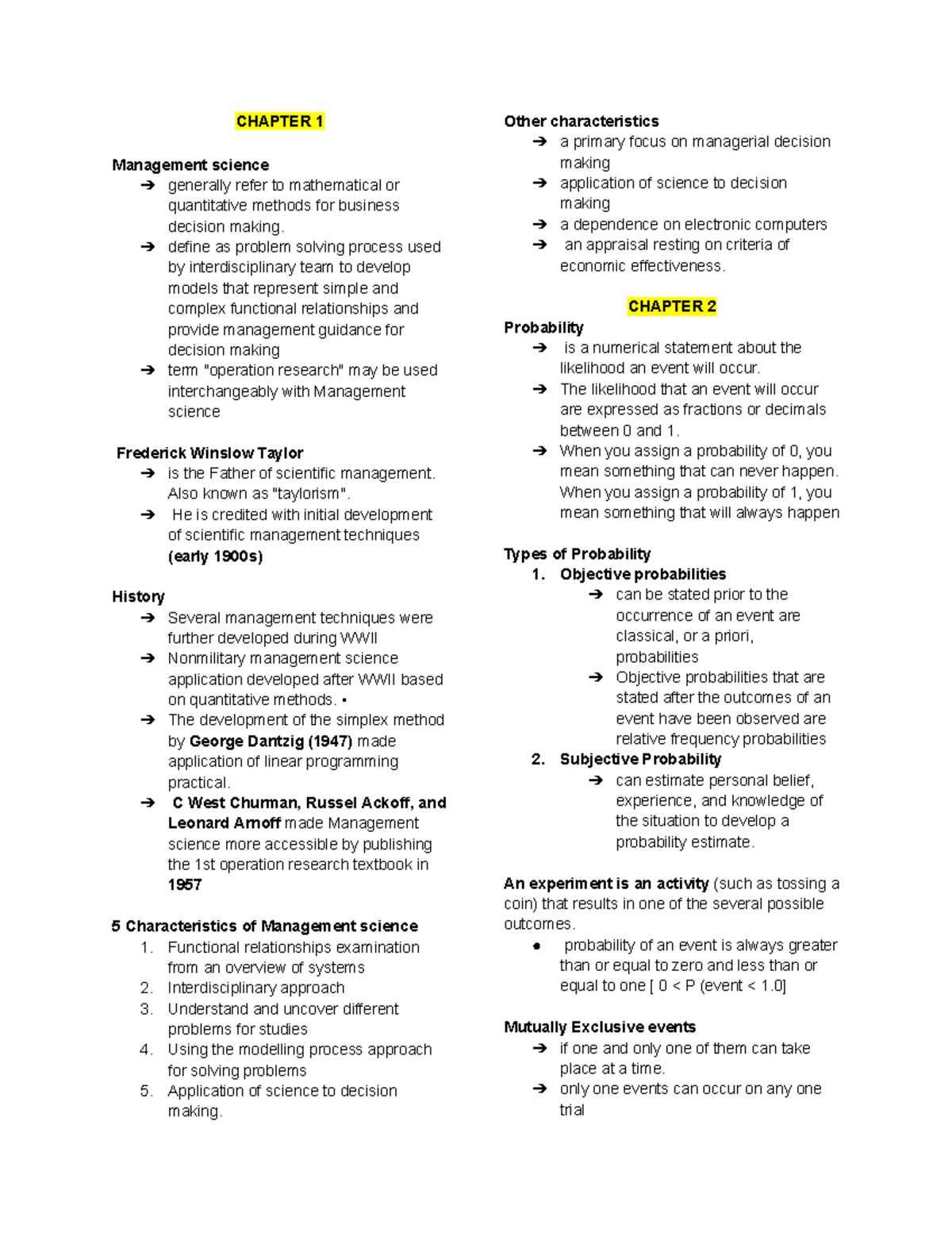 Management Science - CHAPTER 1 Management science generally refer to ...