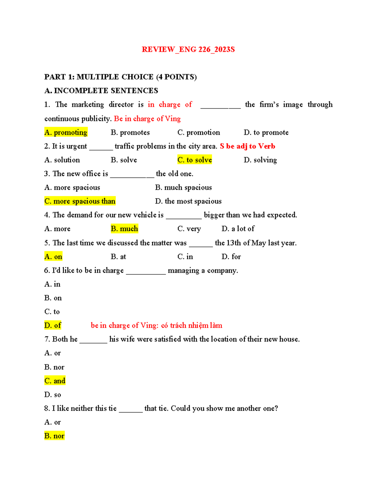 ĐỀ 1 ENG 226 Review 2024S - REVIEW_ENG 226_2023S PART 1: MULTIPLE CHOICE (4 POINTS) A ...