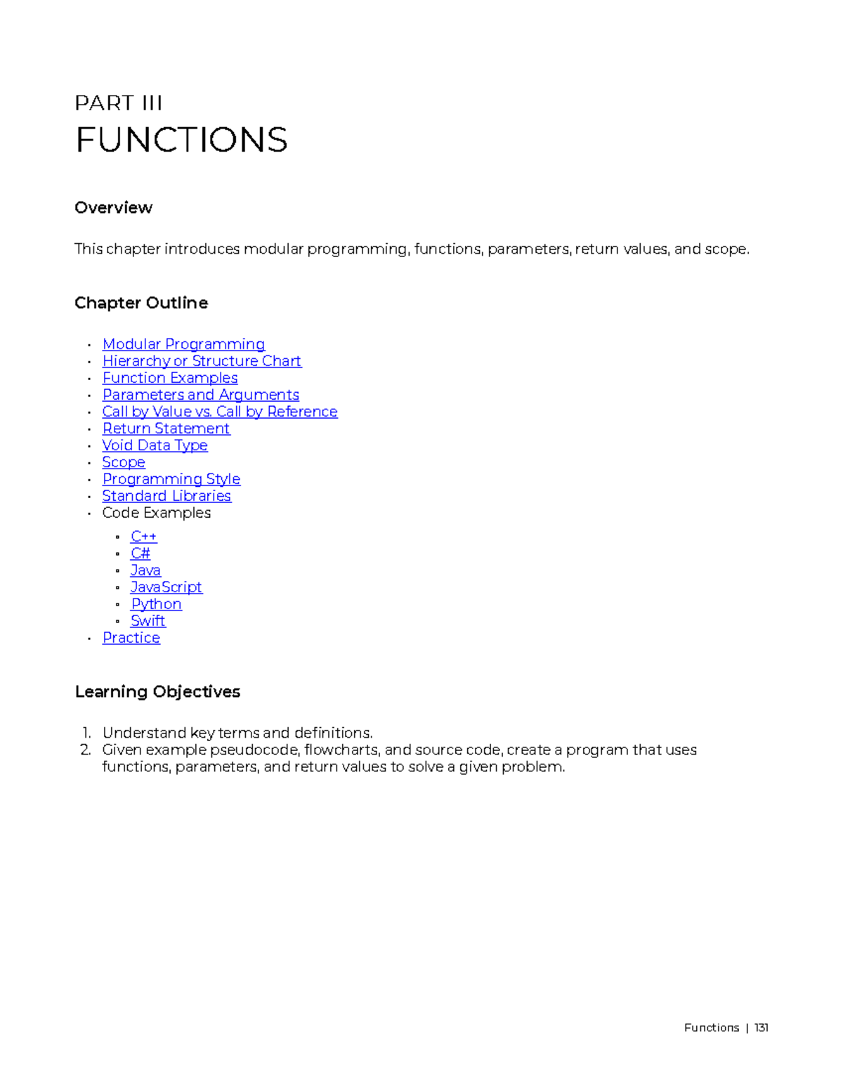 Programming 282-323 - PART III FUNCTIONS Overview This chapter ...
