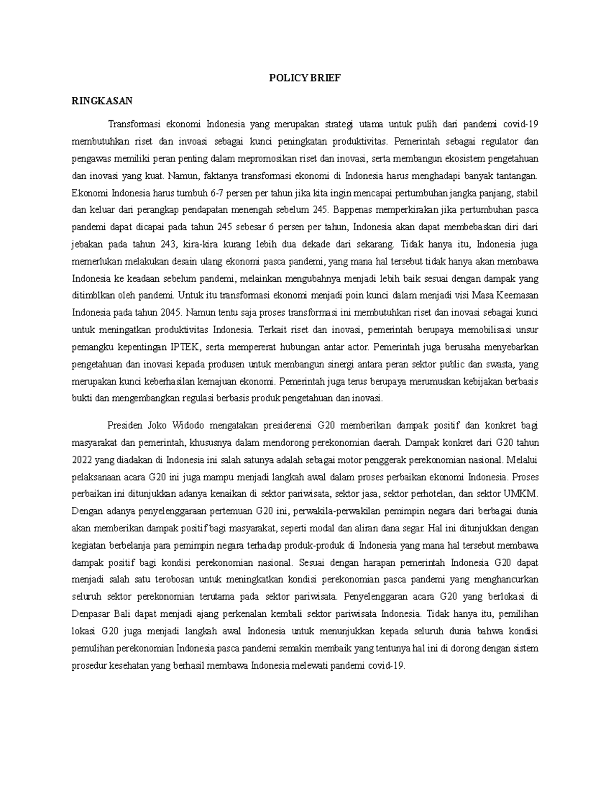 Policy Brief - POLICY BRIEF RINGKASAN Transformasi ekonomi Indonesia ...
