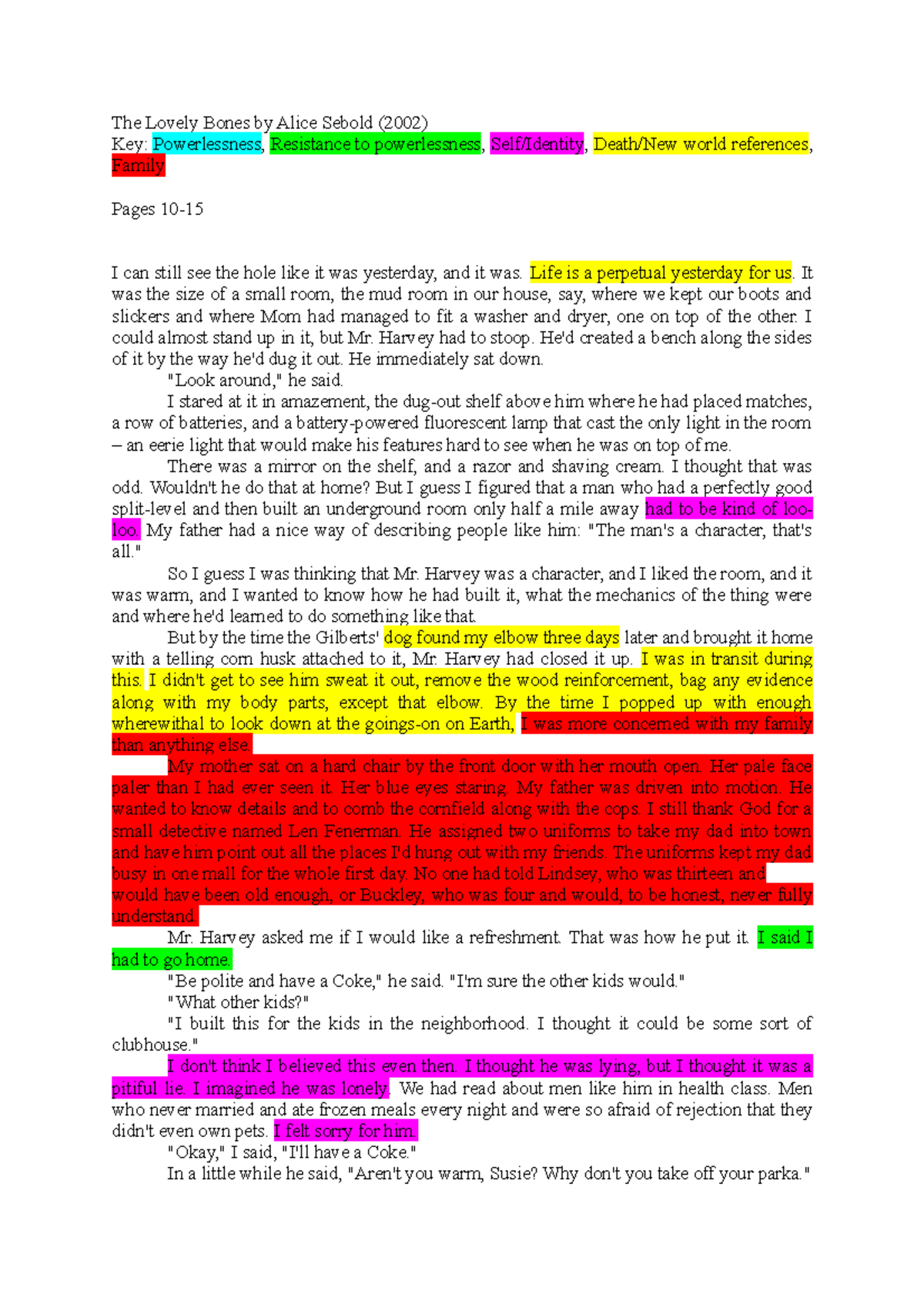 Initial Coding in The Lovely Bones by Alice Sebold - The Lovely Bones ...