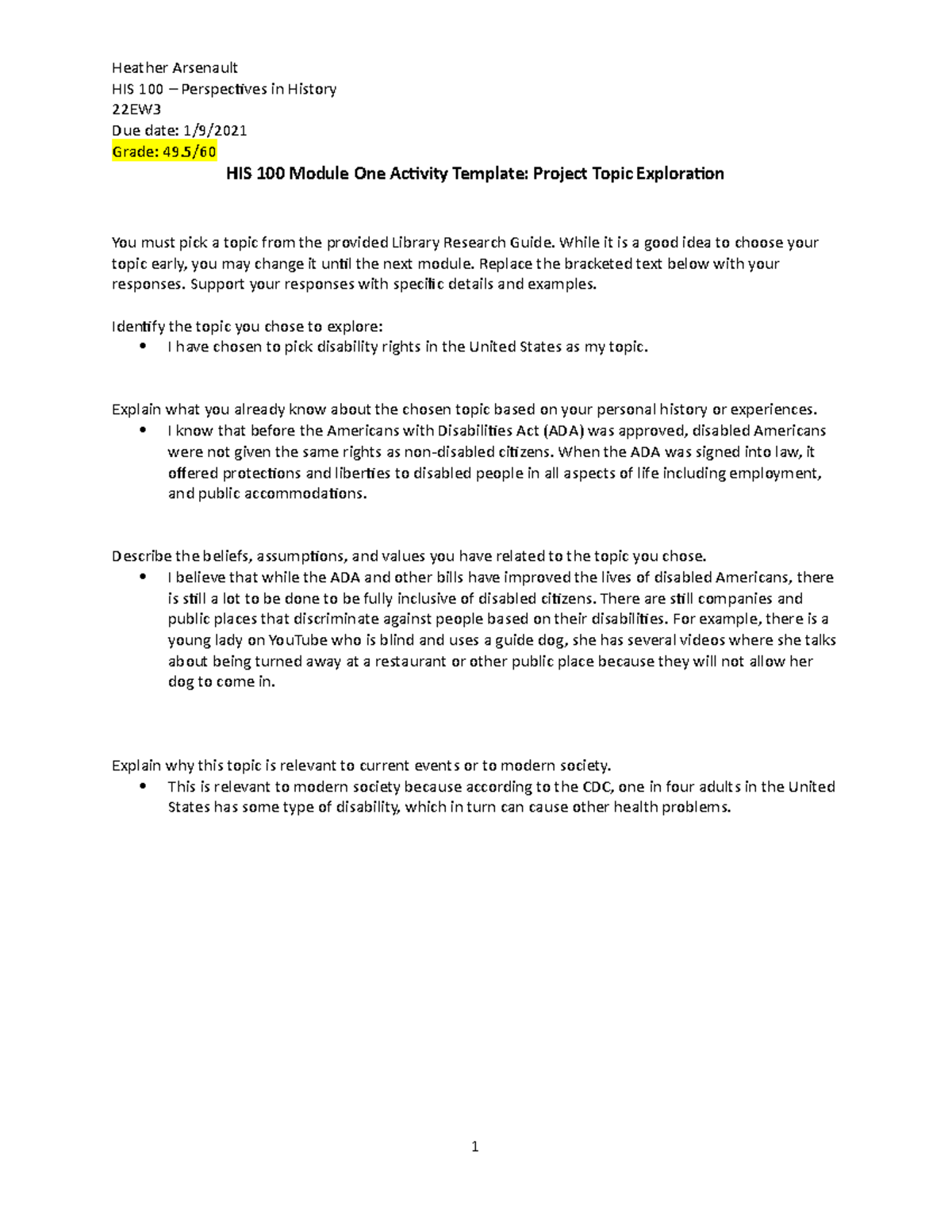 HIS 100 Module One Activity- Project topic exploration - Heather ...