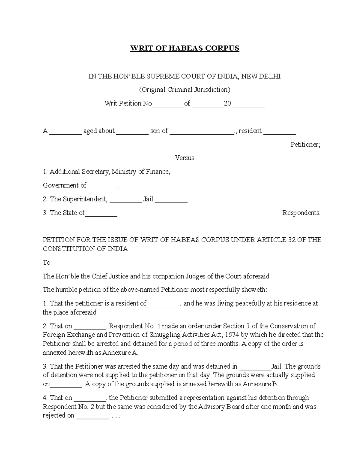 Drafts of Writs - WRIT OF HABEAS CORPUS IN THE HON’BLE SUPREME COURT OF ...