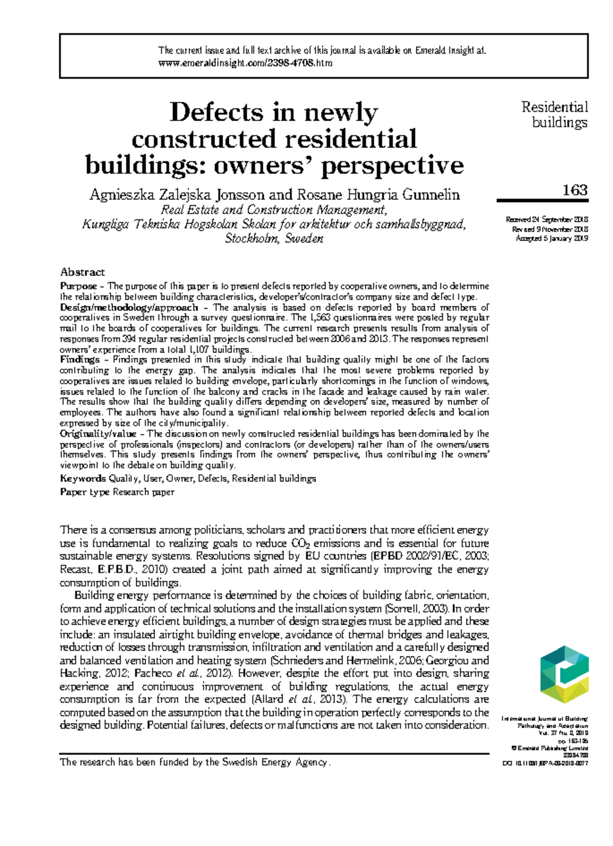 Defects in newly constructed residential buildings owners’ perspective - Defects in newly - Studocu