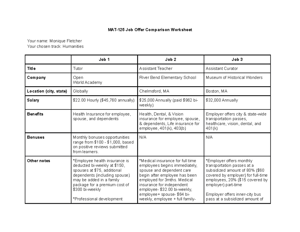 MAT- 125 Job Offer Worksheet - MAT-125 Job Offer Comparison Worksheet ...