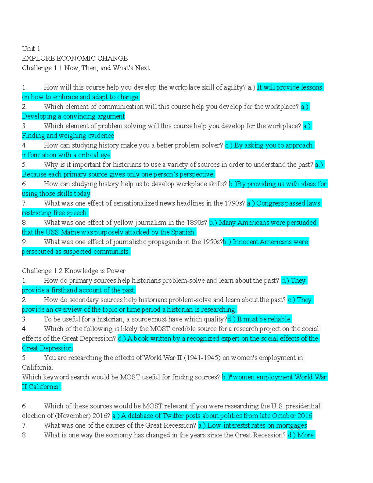 U.S. History 110 Unit 1 Challenge Questions - Unit 1 EXPLORE ECONOMIC ...