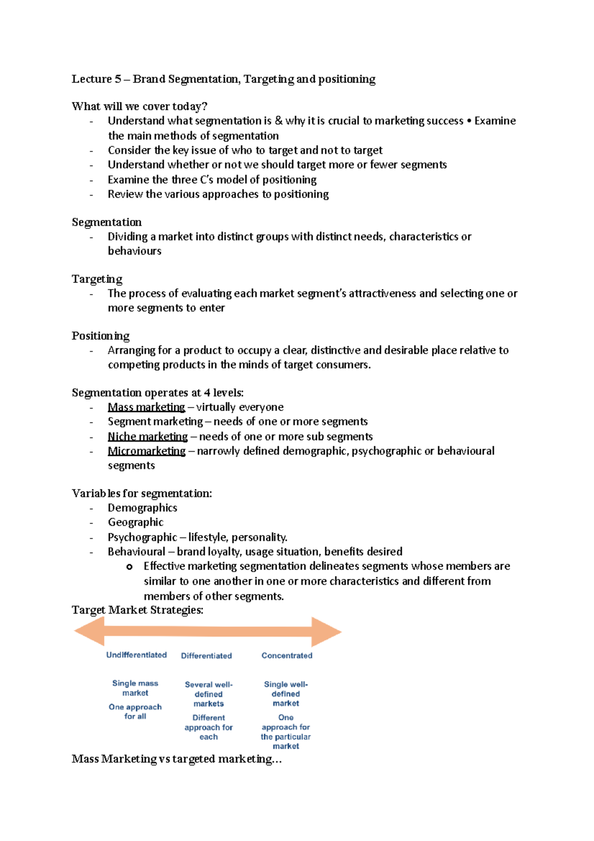 Lecture 5 - positioning notes docx - Lecture 5 – Brand Segmentation ...