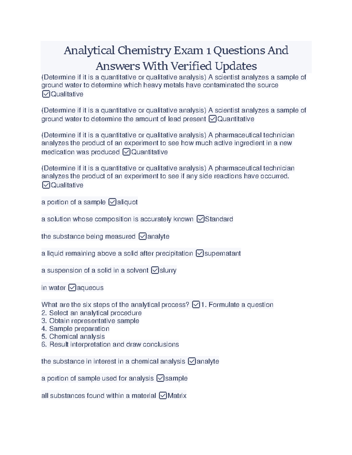 Analytical Chemistry Exam 1 Questions And Answers With Verified Updates ...