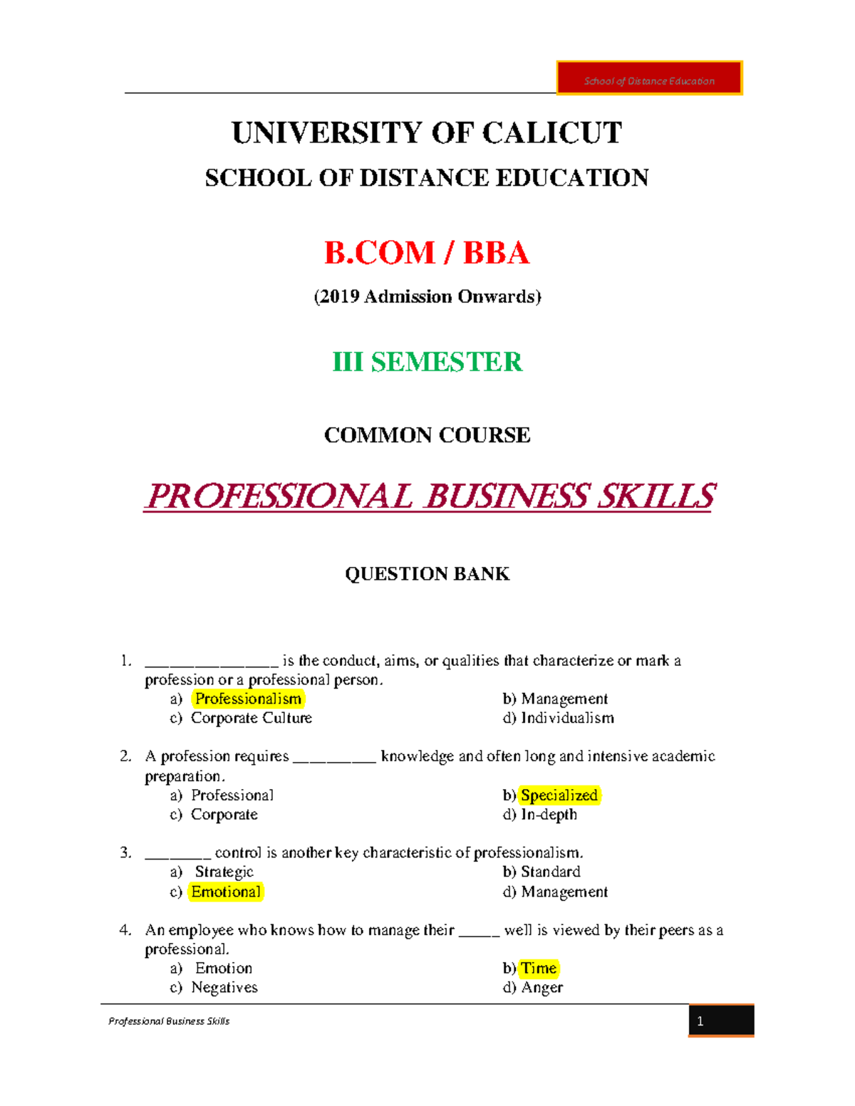 III Sem- B Com, BBA-Professional Business Skill-1 - UNIVERSITY OF CALICUT SCHOOL OF DISTANCE ...