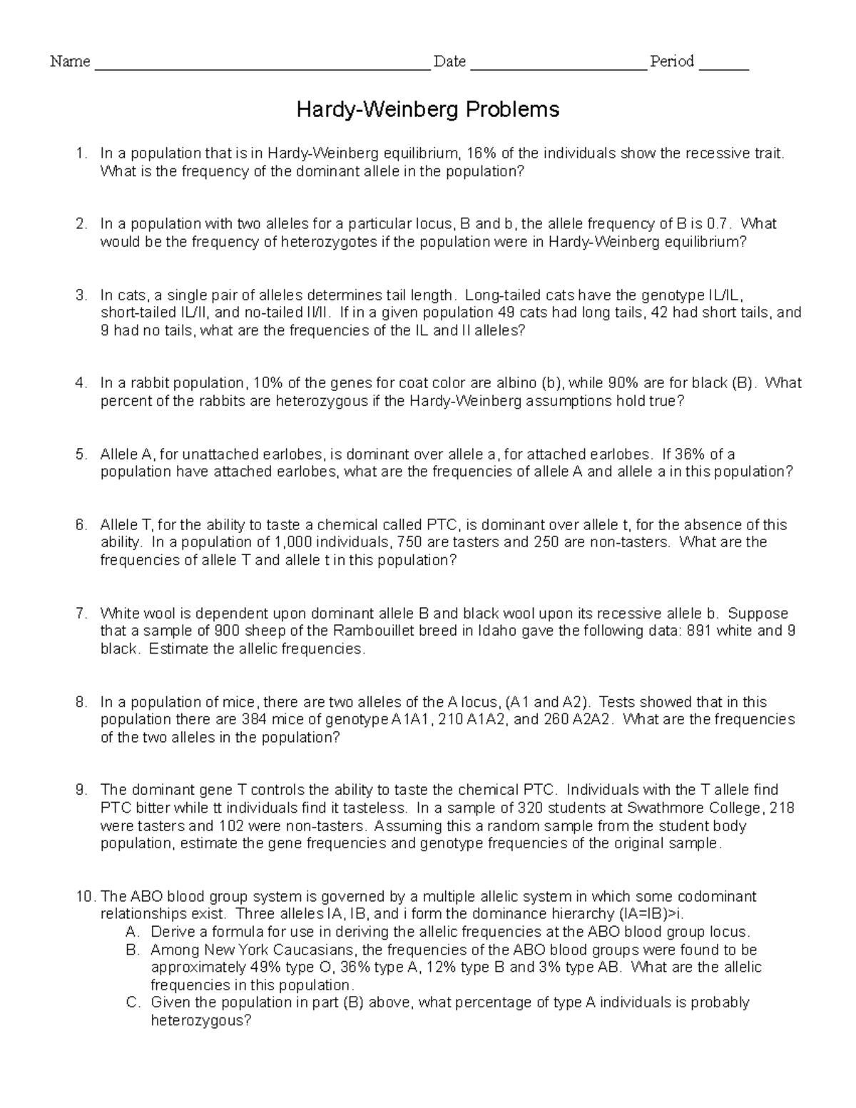 Hardy-Weinberg Problems - Name ...