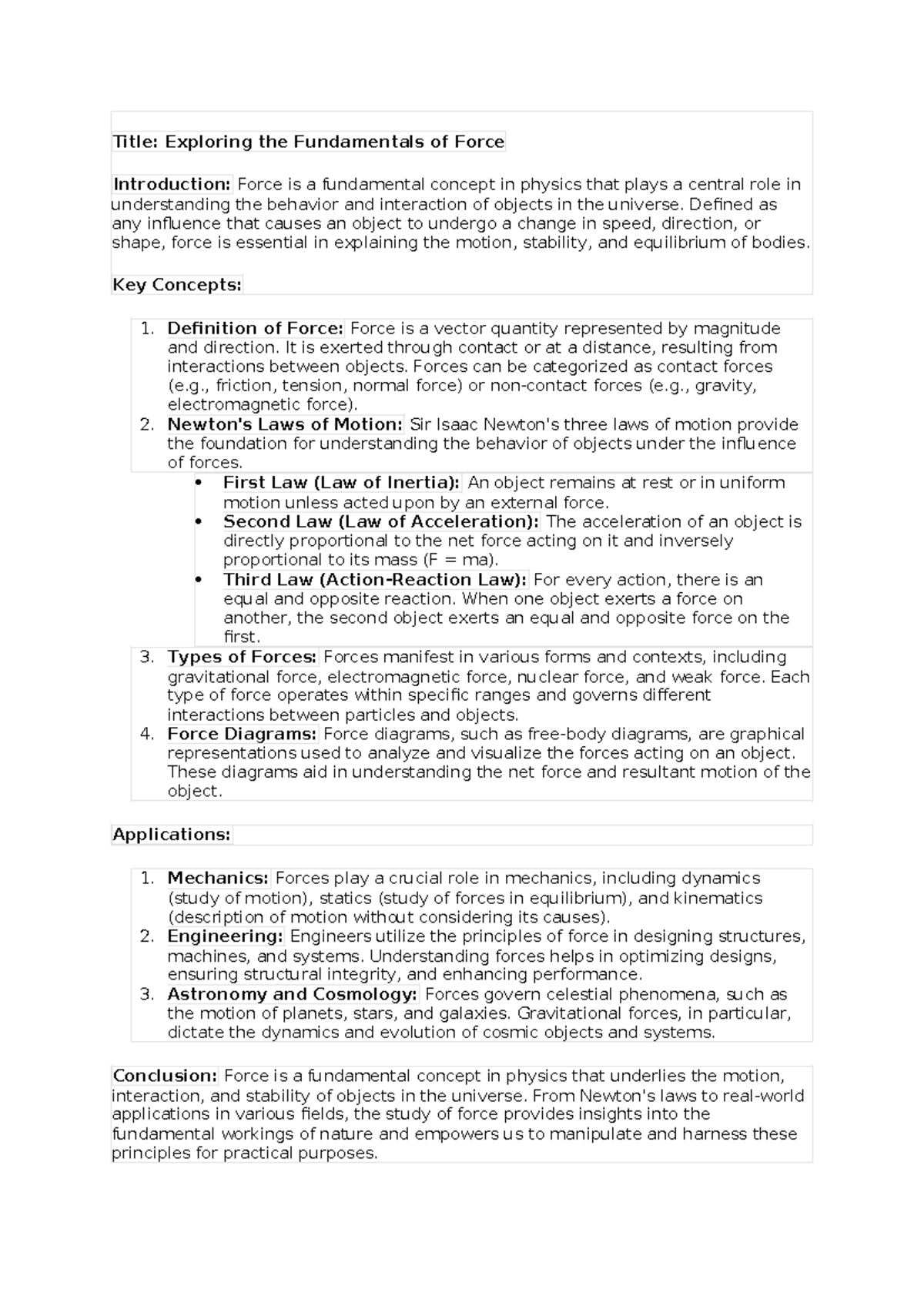 Fundamental of forces - NOTES - Title: Exploring the Fundamentals of ...