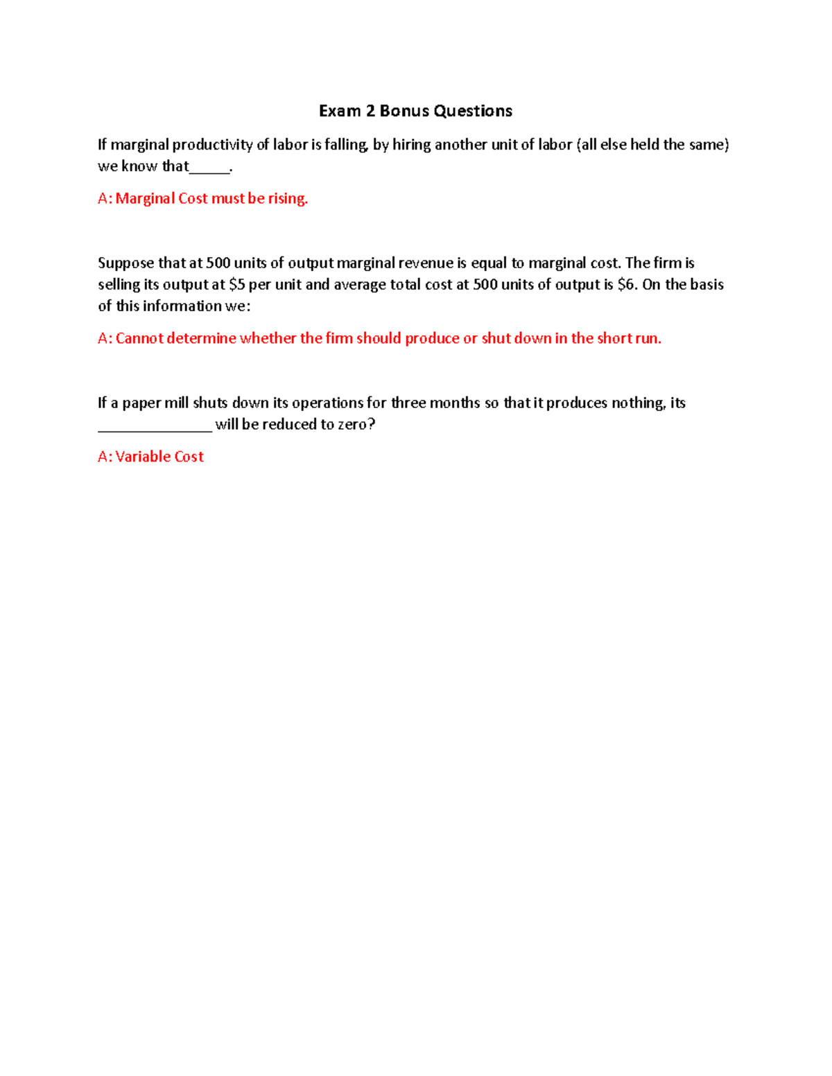 Econ Exam 2 Bonus Questions - Exam 2 Bonus Questions If marginal ...