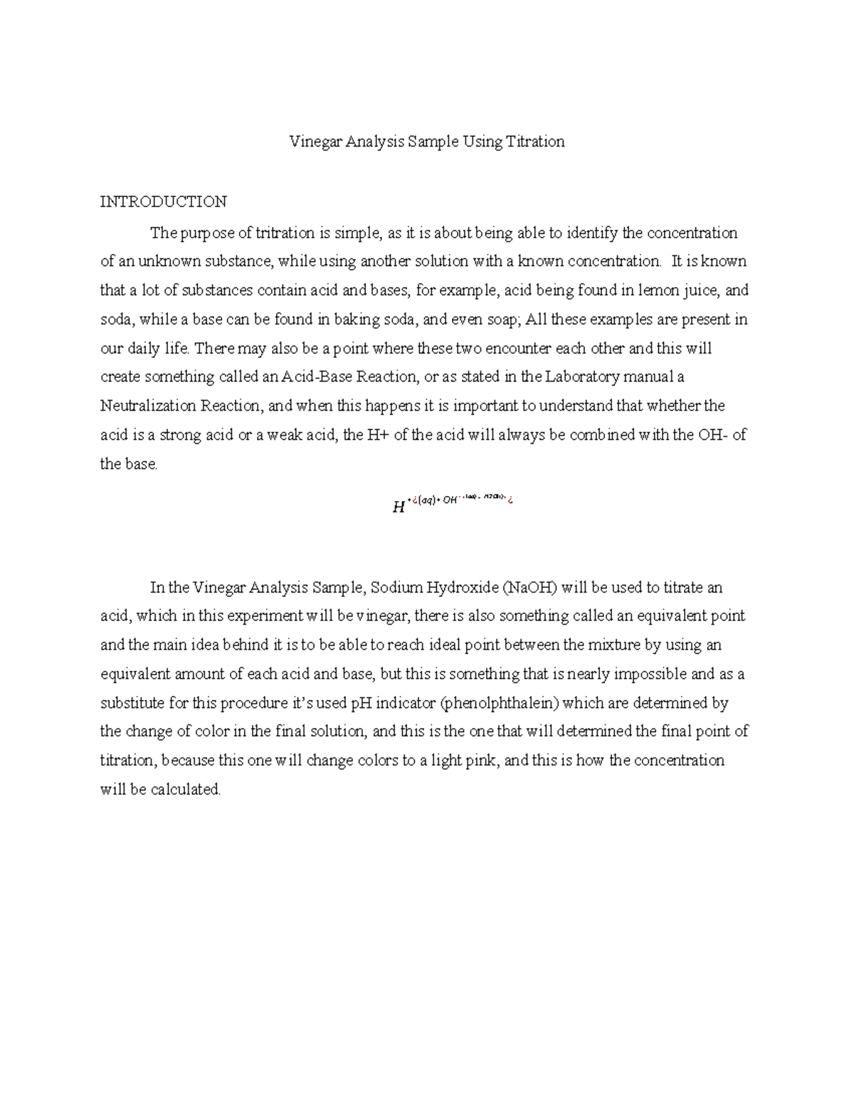 Formal Laboratory Report - Vinegar Analysis Sample Using Titration ...
