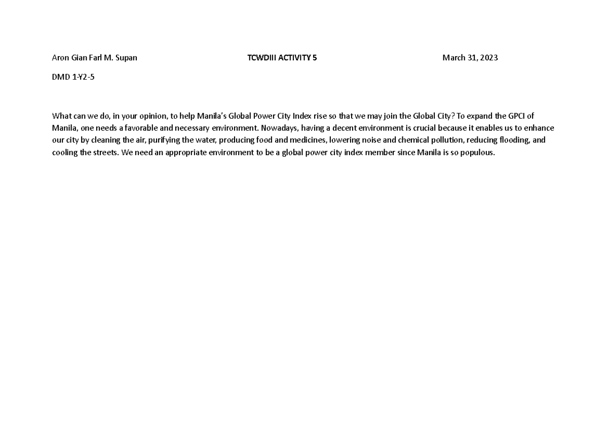 TCWD ACT 5 - essay - Aron Gian Farl M. Supan TCWDIII ACTIVITY 5 March ...