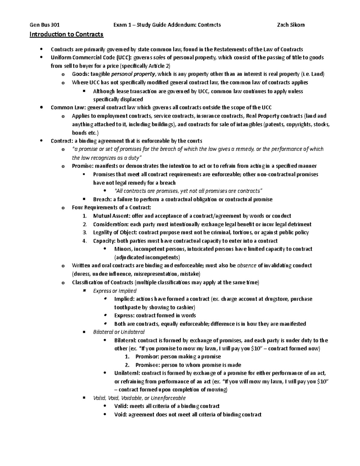 GB 301 Exam 1 - Study Guide Addendum - Contracts - Land) o Where UCC ...