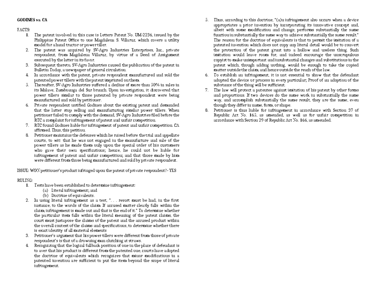 Godines-v-CA - Godines v CA - GODINES vs. CA FACTS: 1. The patent ...