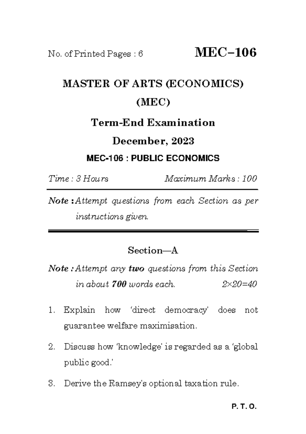 MEC-106 - MEC 106 December 2023 question paper - P. T. O. No. of ...