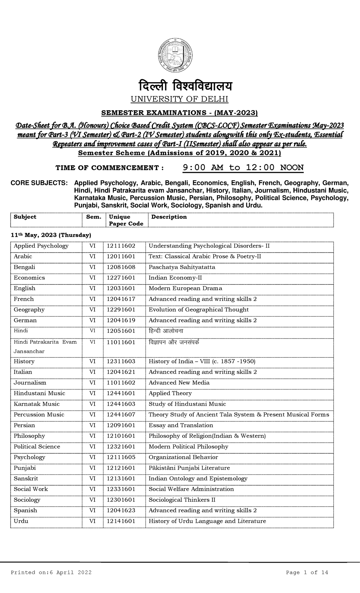 BA(H) 2023-SEM.-II-IV -VI (CBCS)-LOCF-10-04-2023 - fnYyh fo’ofo|ky; UNIVERSITY OF DELHI SEMESTER ...