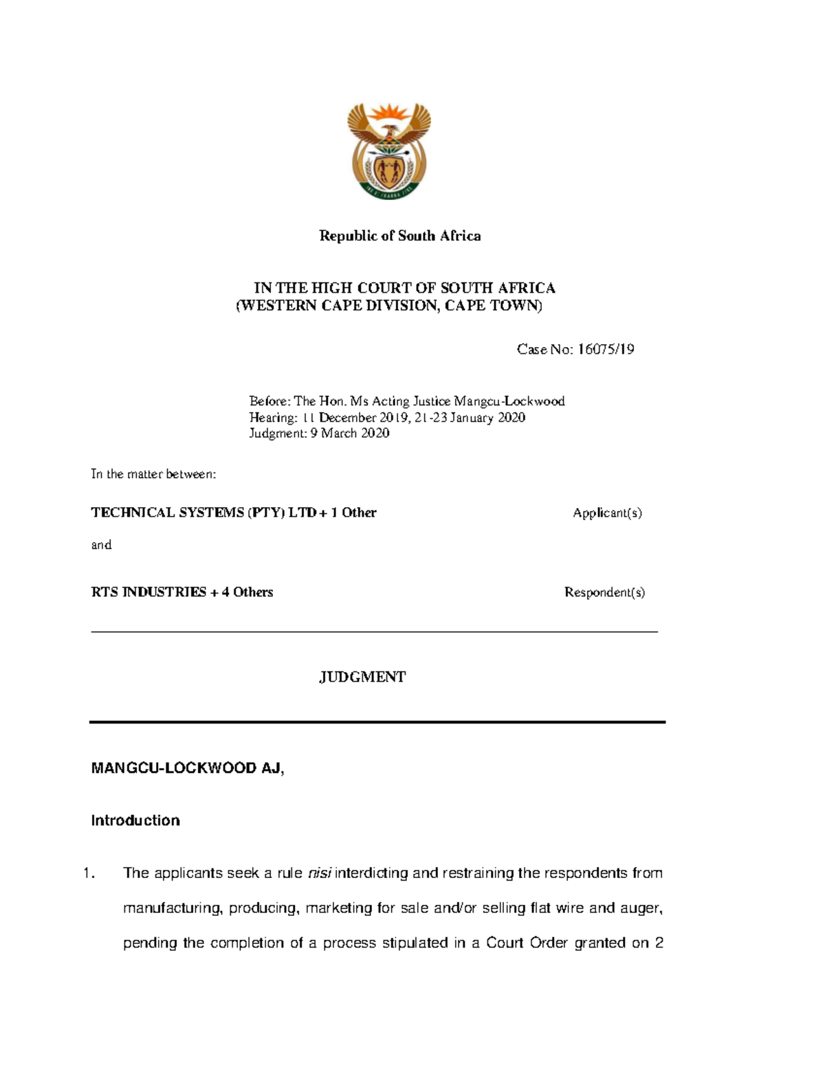 69 - Case law - Republic of South Africa IN THE HIGH COURT OF SOUTH ...
