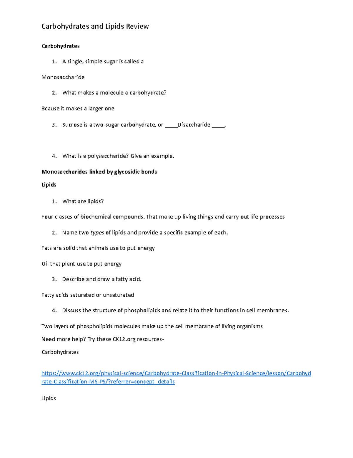 Copy of Carbohydrates Lipids WS - Carbohydrates and Lipids Review ...