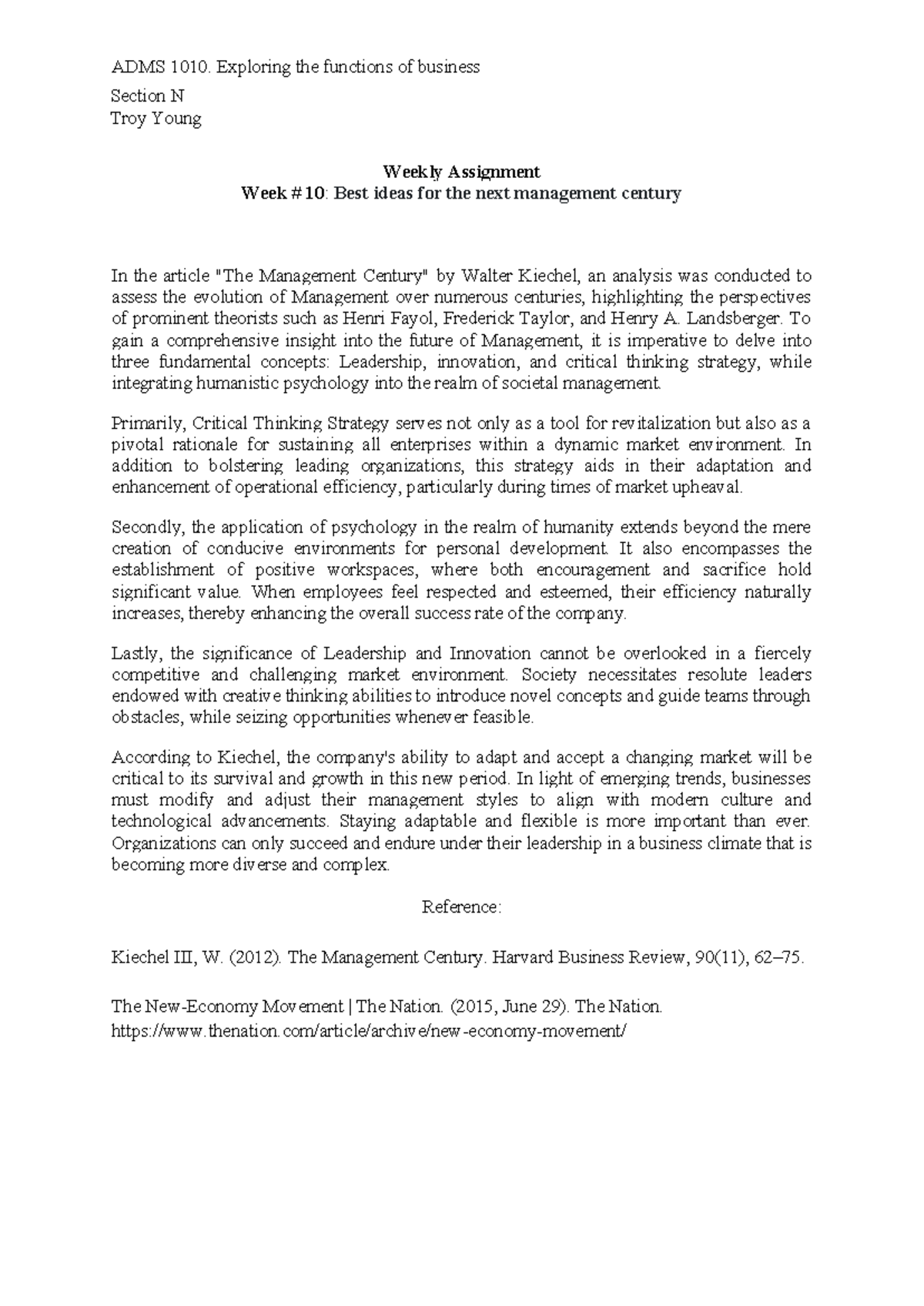 Week #10 Assignment - ADMS1010 - Section N - Prf Troy Young - ADMS 1010. Exploring the functions ...