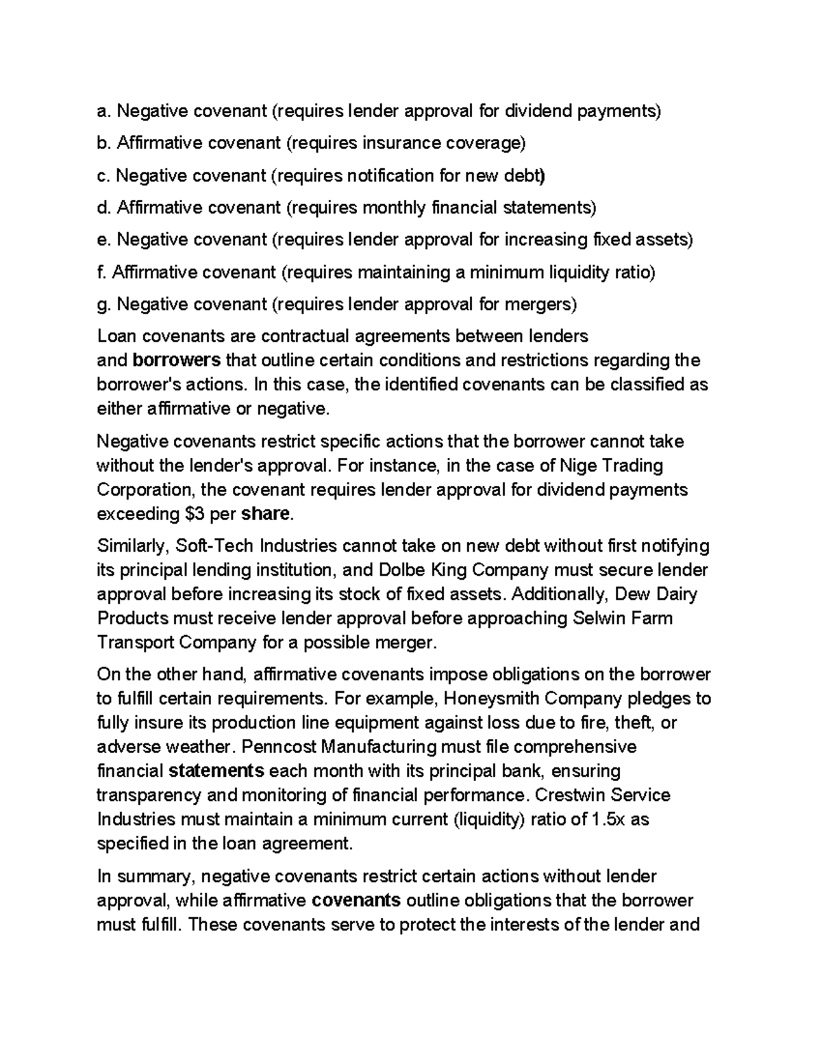 Btn - Btn - a. Negative covenant (requires lender approval for dividend ...