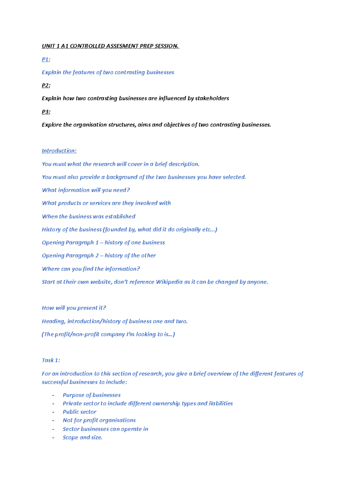 UNIT 1 A1 Controlled Assesment PREP Session - UNIT 1 A1 CONTROLLED ...