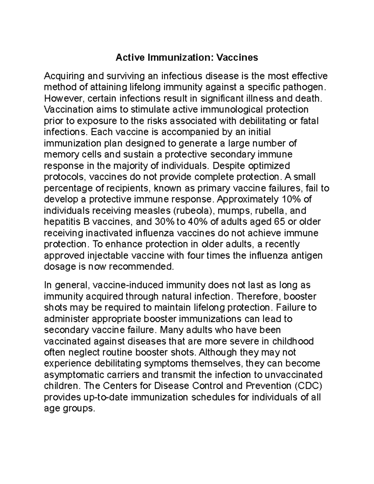 Active Immunization - notes - Active Immunization: Vaccines Acquiring ...