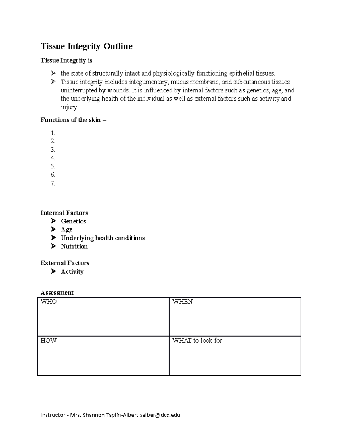 Tissue Integrity Outline Spring 2023 copy - Tissue Integrity Outline ...
