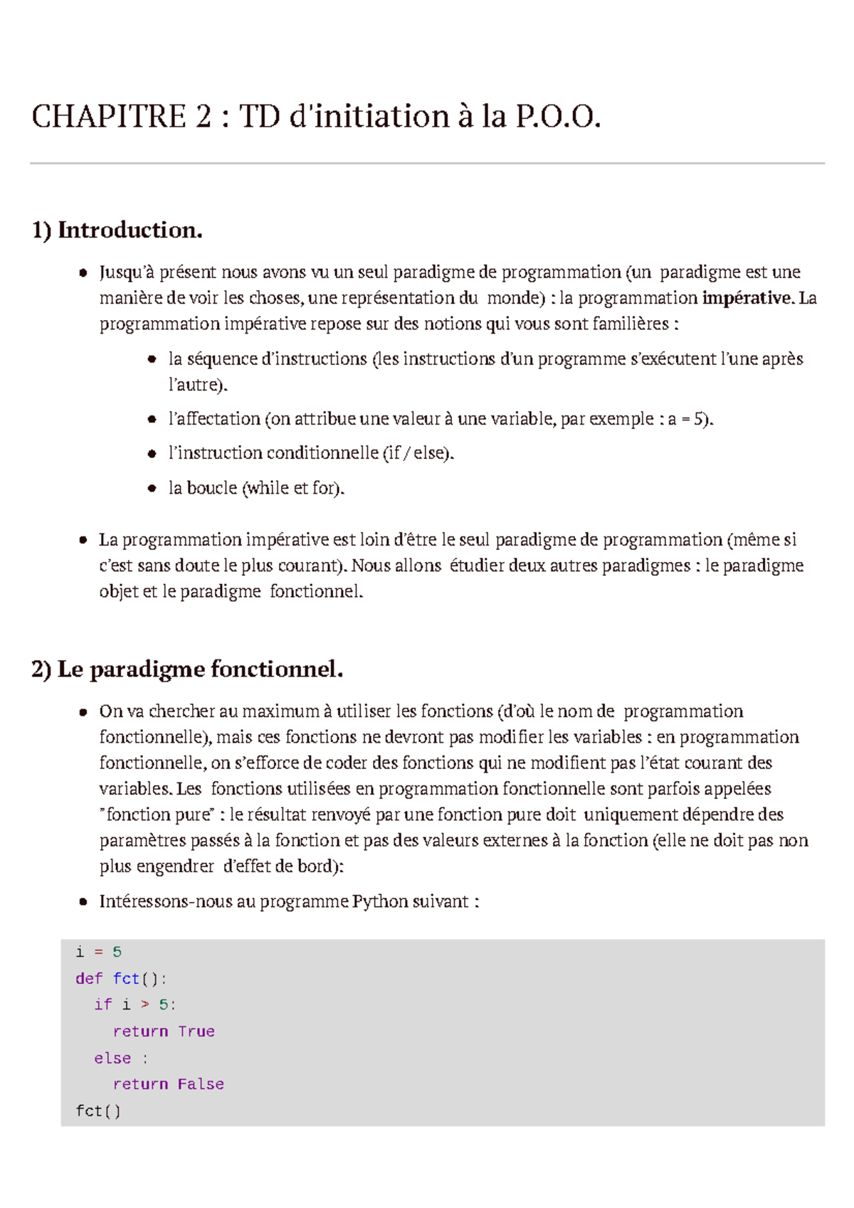 Chapitre 2 Initiation POO - CHAPITRE 2 : TD d'initiation à la P.O. 1) Introduction. Jusqu'à ...