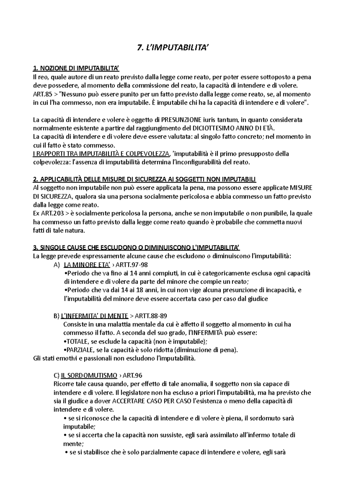 7. L' Imputabilita' - Riassunti diritto penale - 7. L’IMPUTABILITA’ 1 ...