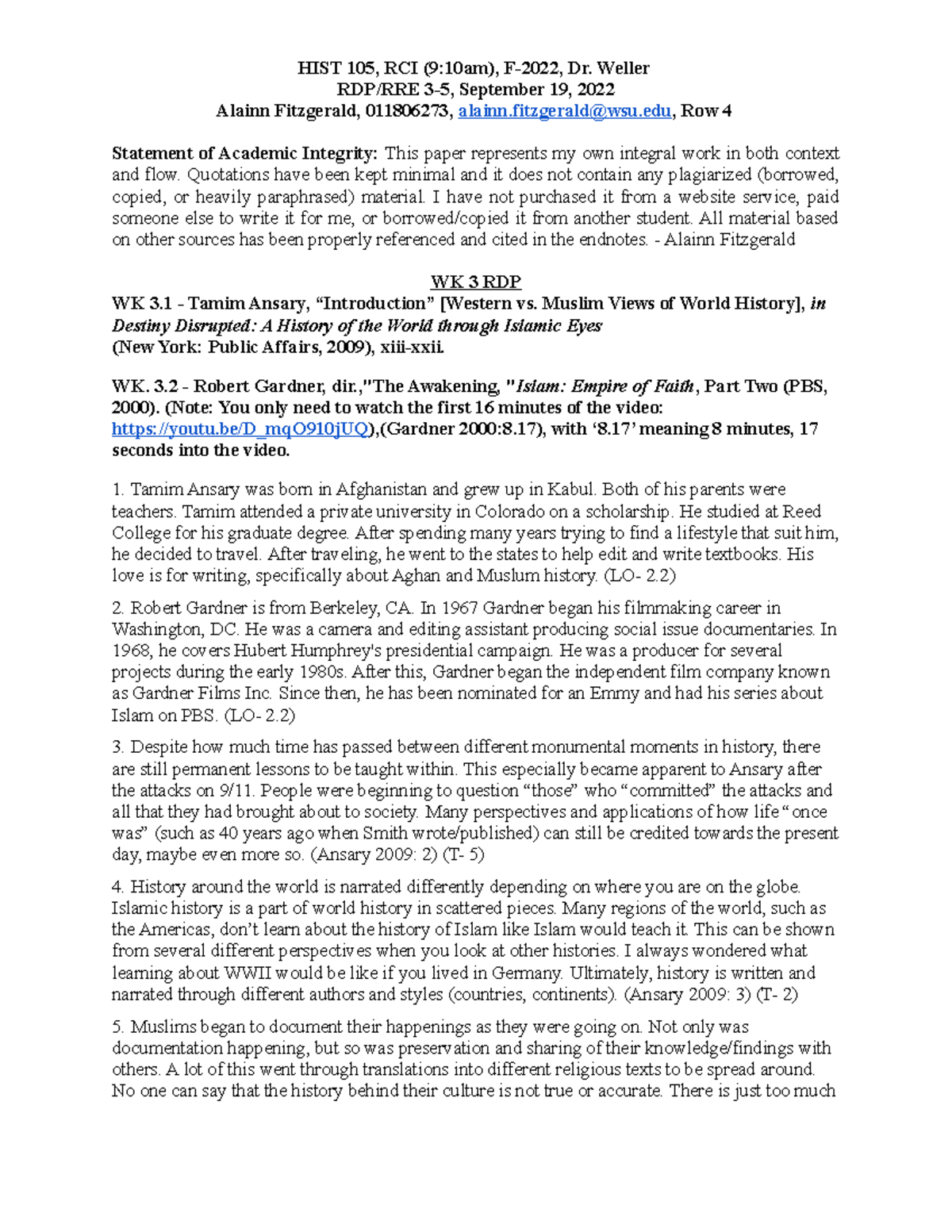 RDP RRE 3-5 - Reading Discussion Points - HIST 105, RCI (9:10am), F ...