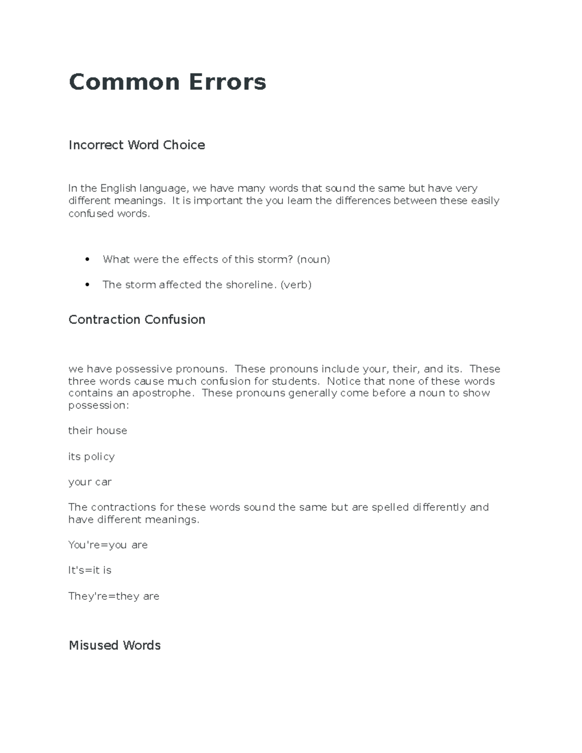 Common Errors Lecture Notes Common Errors Incorrect Word Choice In The English Language We