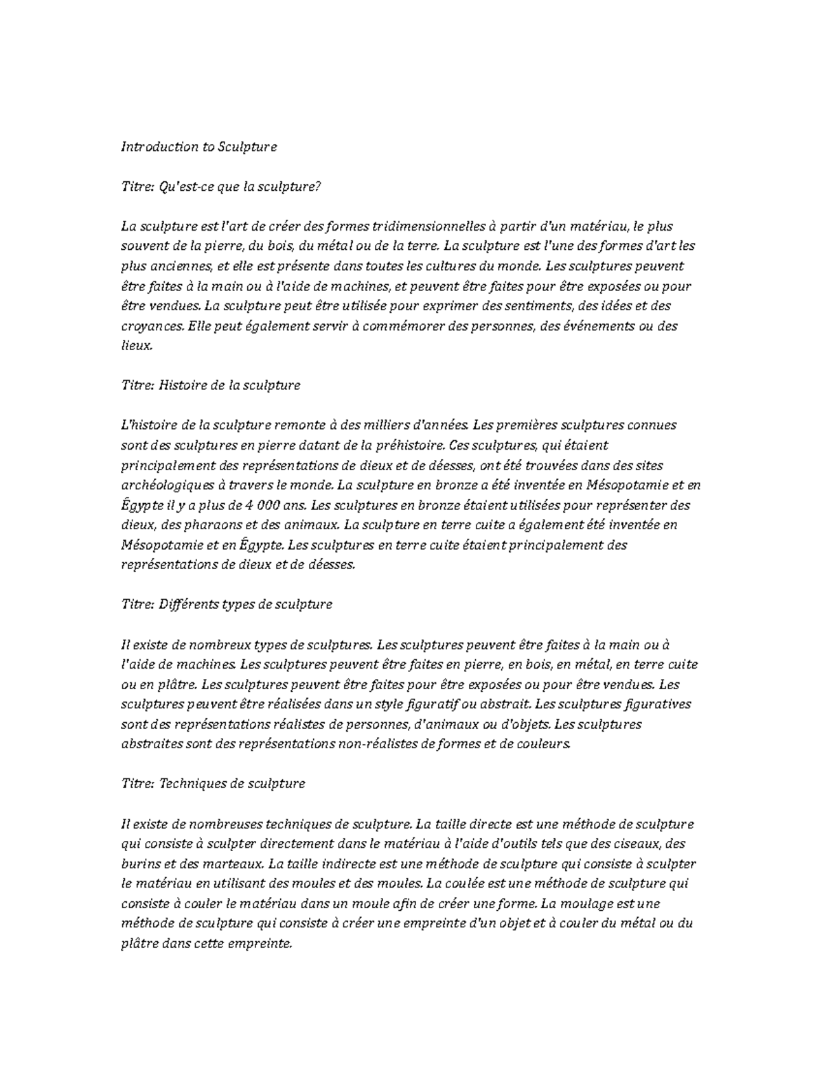 Sculpture Study Notes - Introduction to Sculpture Titre: Qu'est-ce que ...