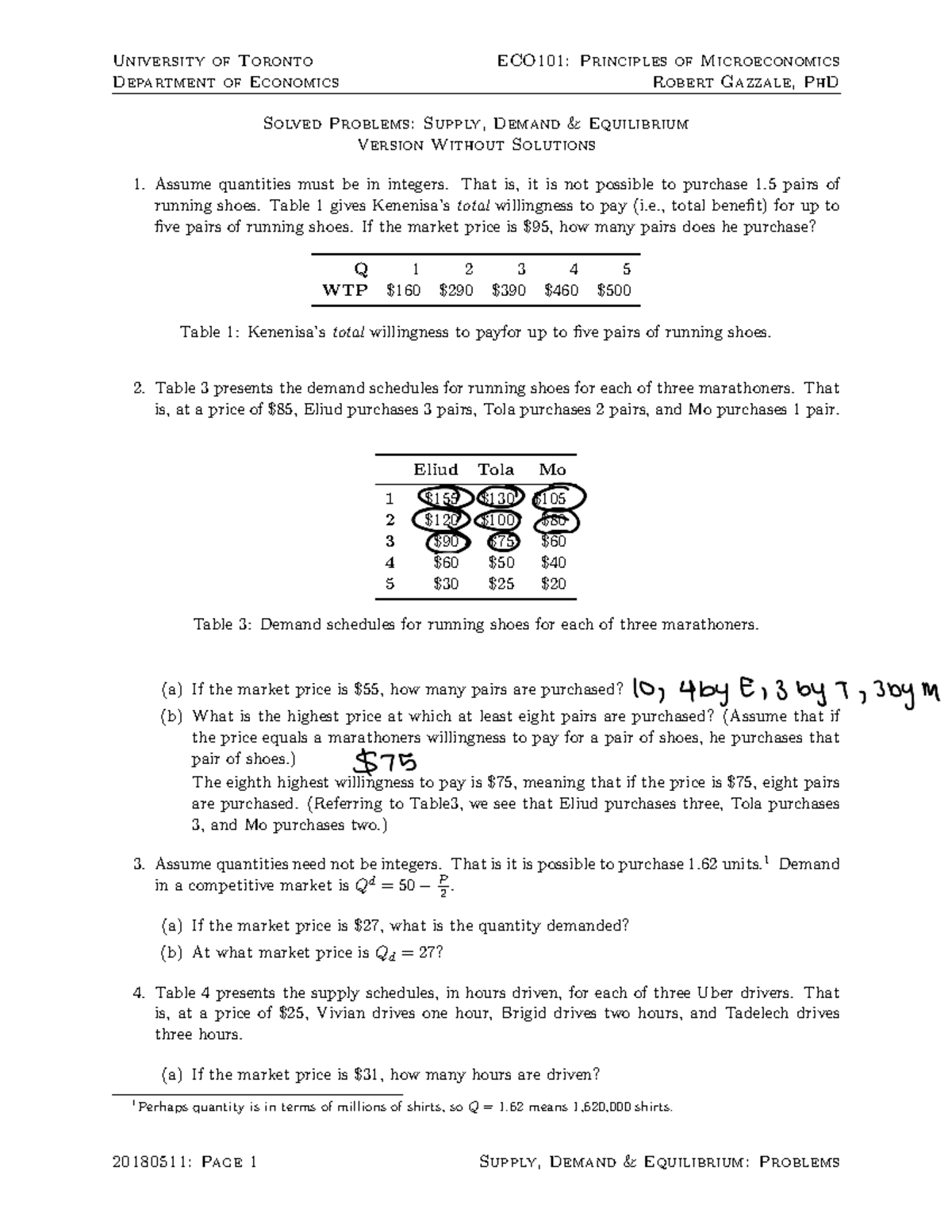 ECO101Solved Problems Supply And Demand - Department of Economics ...
