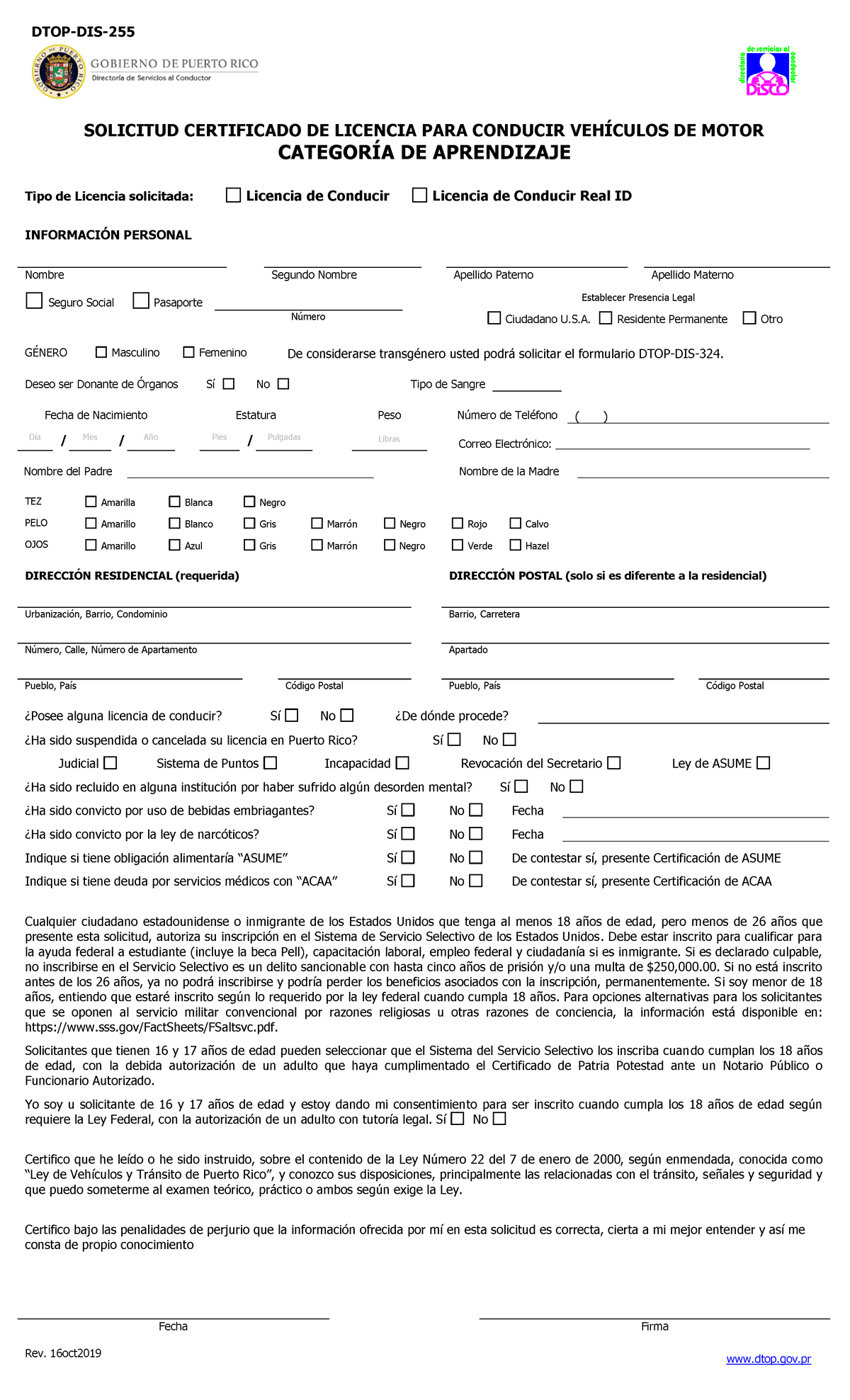 DTOP-DIS-255 Solicitud para Certificado de Licencia para Conducir ...