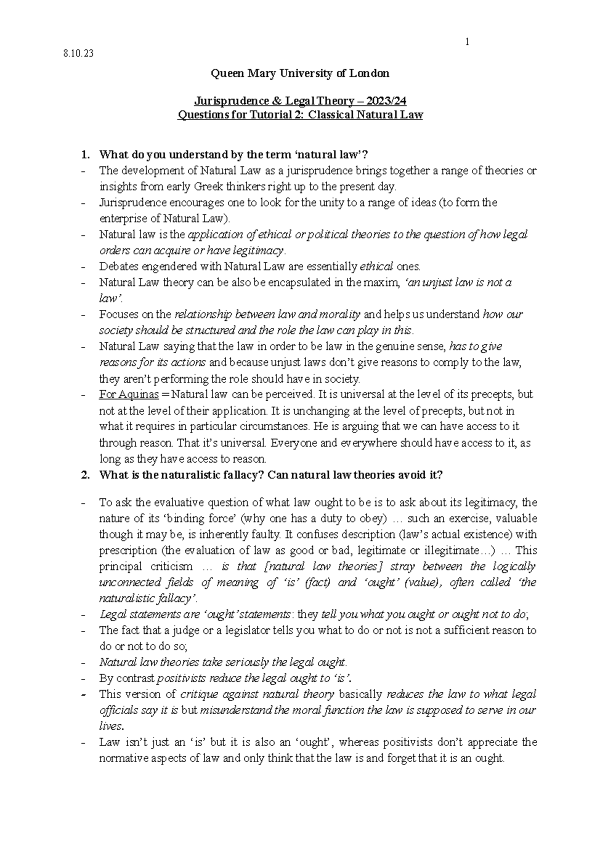 Juris Tutorial 2 - Classical Natural Law - Queen Mary University of ...