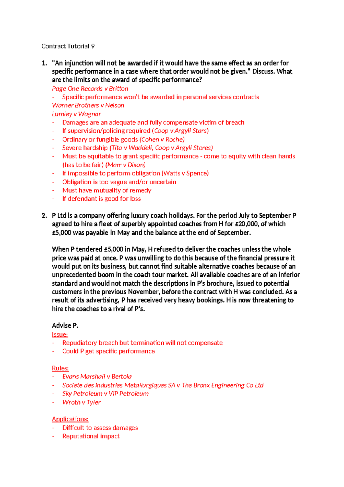 Contract Tutorial 9 - " Discuss. What are the limits on the award of specific performance? Page ...