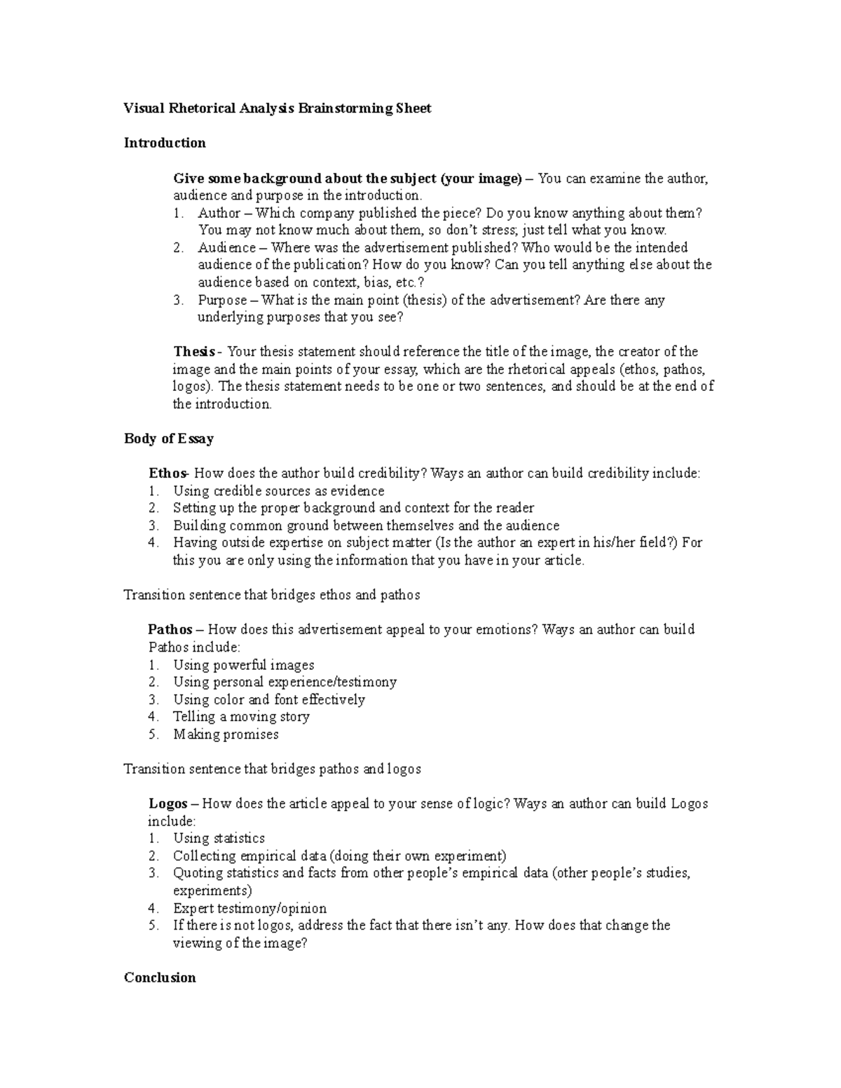 Rhetorical Analysis Outline - Visual Rhetorical Analysis Brainstorming ...
