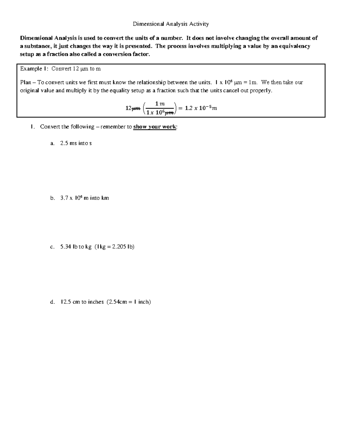 1.d Dimensional Analysis - Dimensional Analysis Activity Dimensional ...