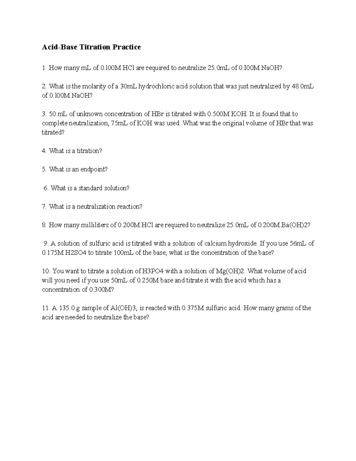 Acid-Base Titration Practice - How many mL of 0 HCl are required to ...