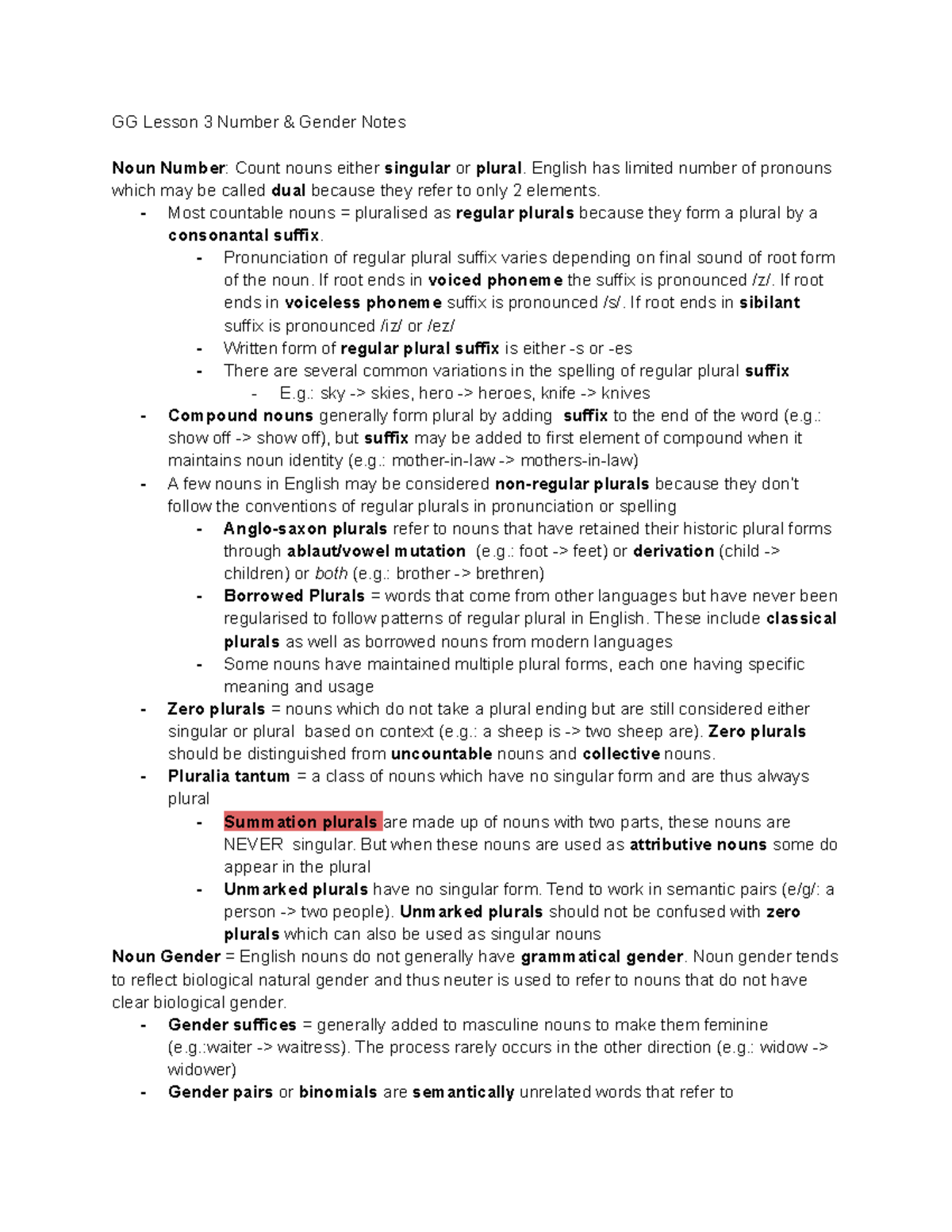 GG Lesson 3 Number & Gender Notes - GG Lesson 3 Number & Gender Notes ...