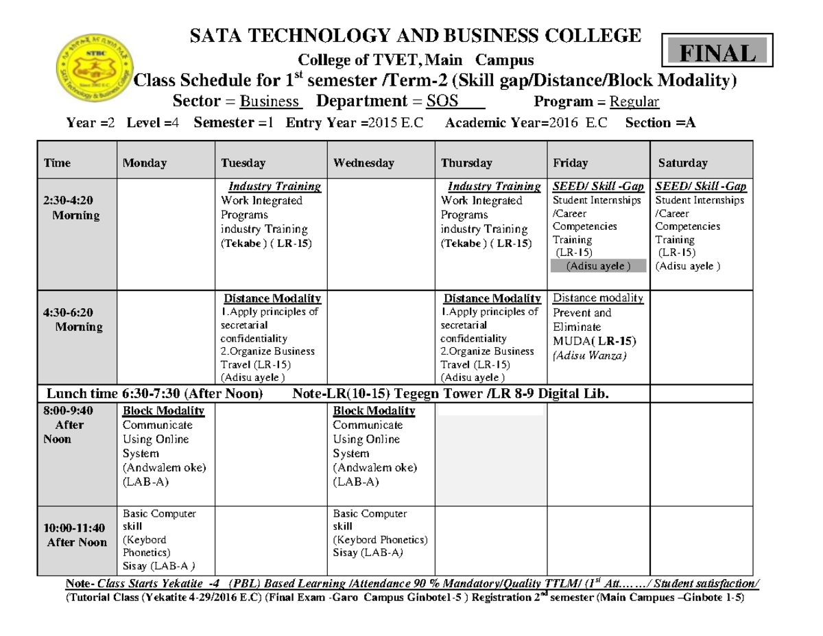 Year 2 HNS DBA SOS 2 Tutorial Secedule Final 2 - College of TVET, Main ...