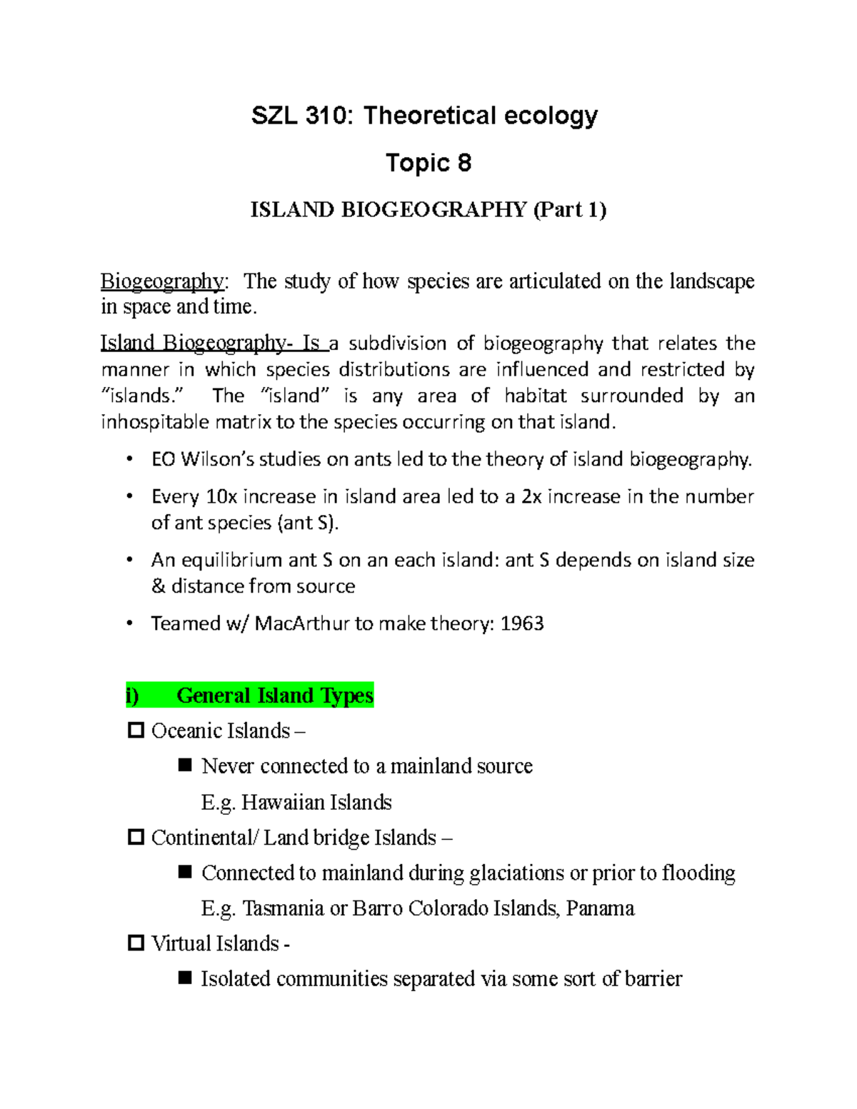 SZL 310 Topic 8 Island Biogeography - SZL 310: Theoretical ecology ...