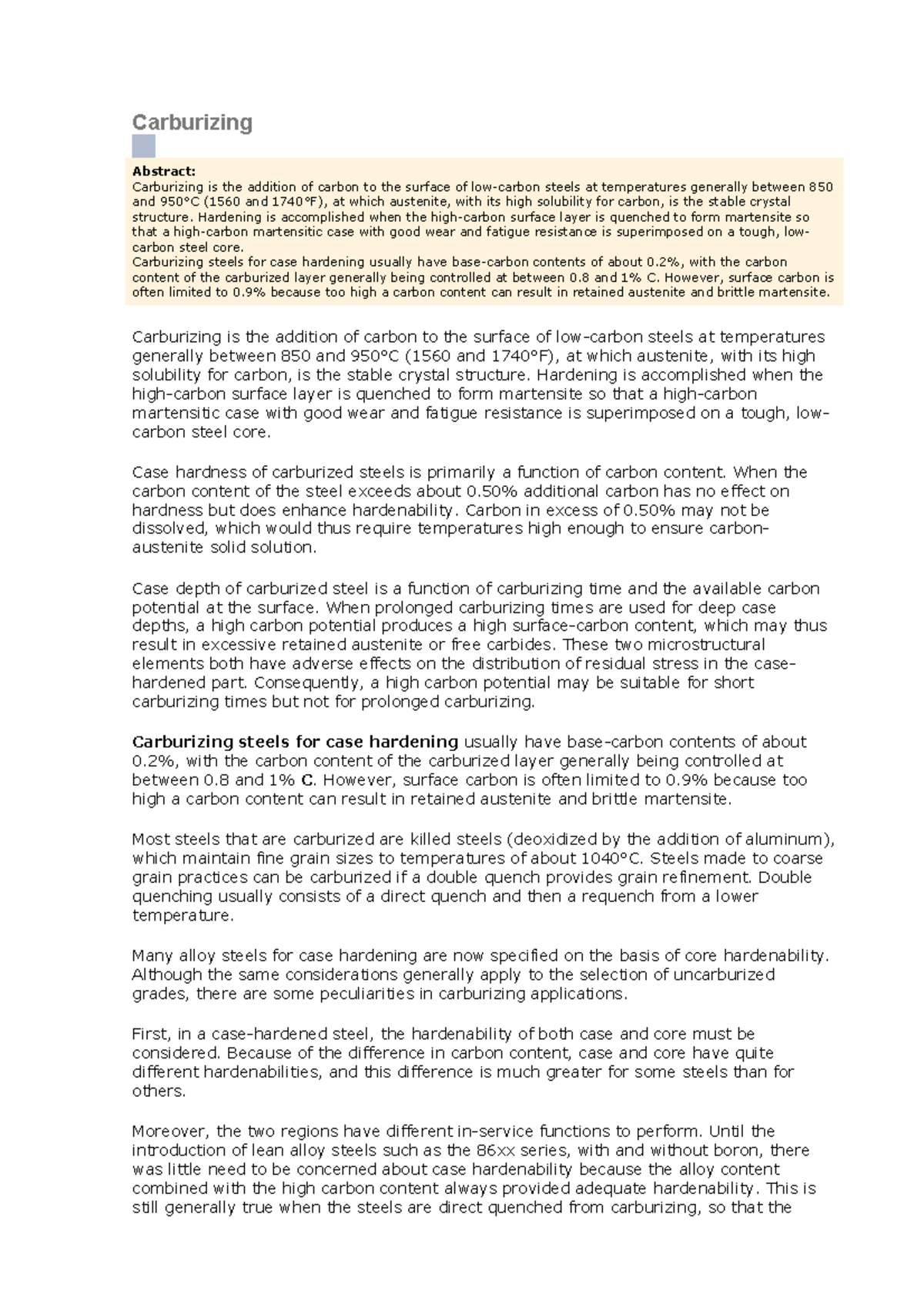 Carburizing - Heat Treatment - Carburizing Abstract: Carburizing is the ...