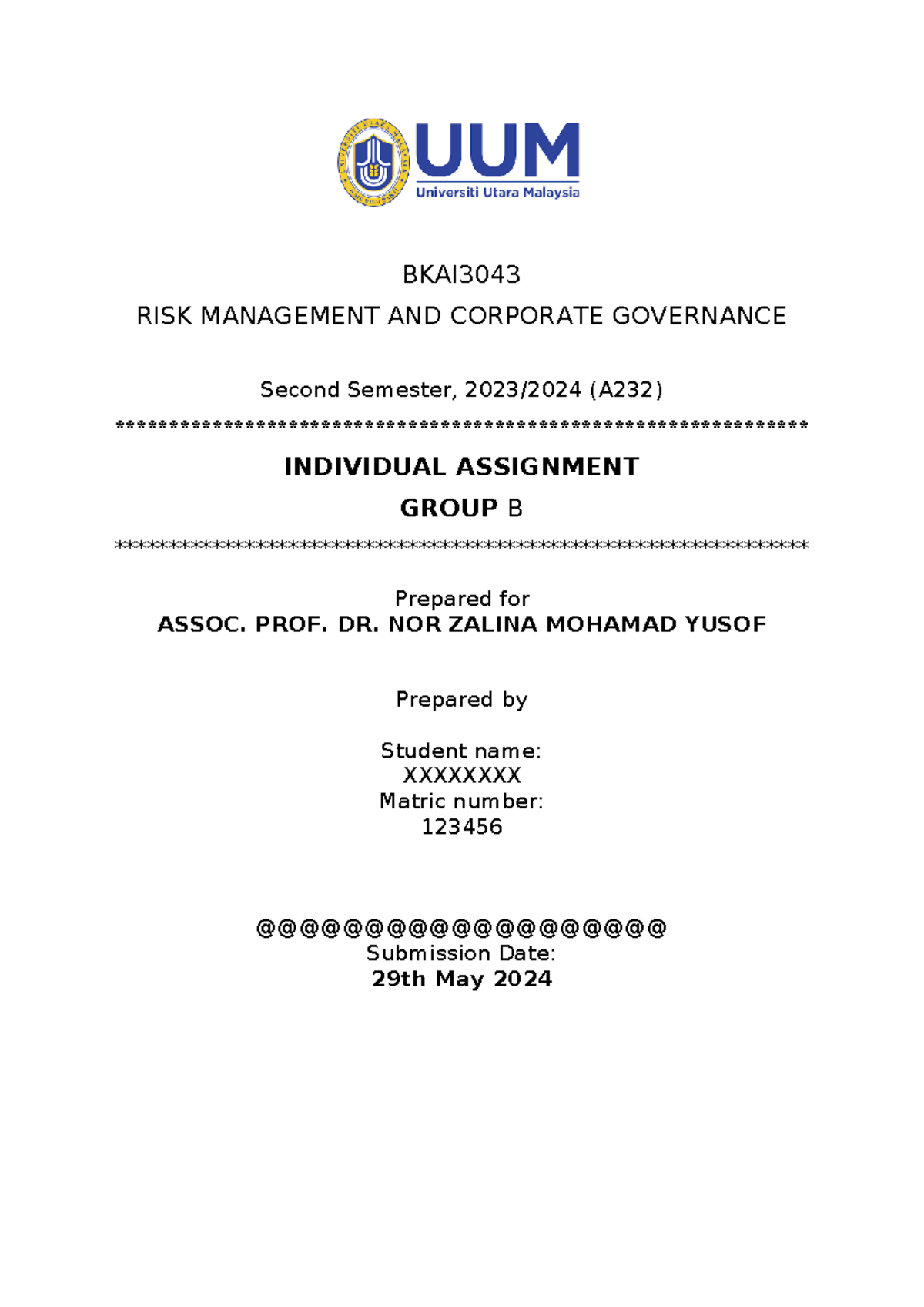 A232 BKAI3043 Individual Assignment Cover PAGE Template - RISK ...