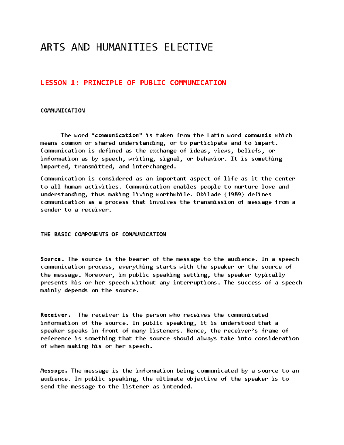 ARTS AND Humanities Elective - ARTS AND HUMANITIES ELECTIVE LESSON 1 ...