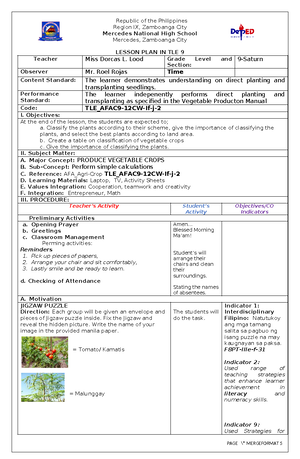 COT FOR 3RD GRADING - LESSON PLAN IN TLE 8 Teacher Manuela C. Tolentino ...