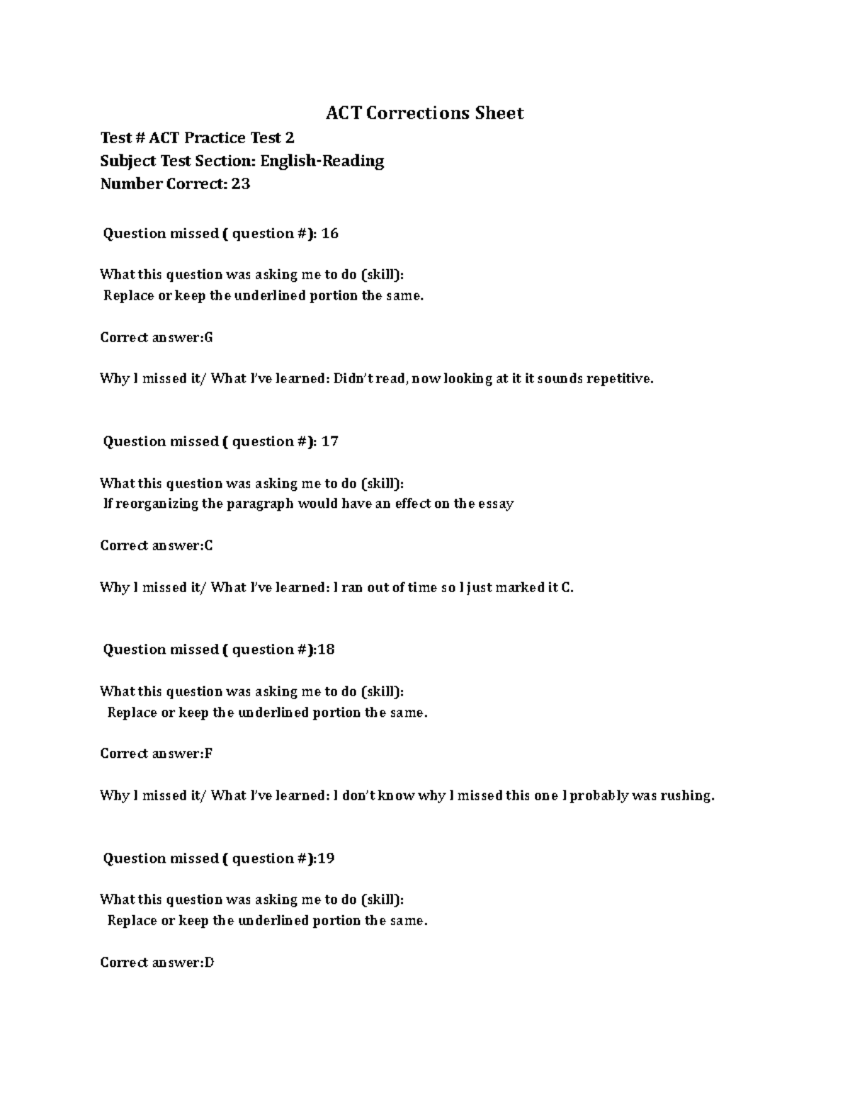ACT Corrections Sheet Study Material For APUSH ACT Corrections